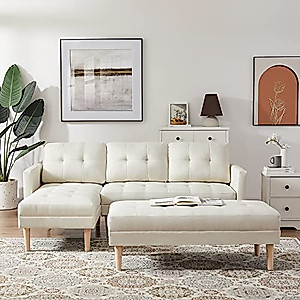 Modern Sectional Sofa Bed, L-Shape Sofa Chaise Lounge with Ottoman Bench for Living Room (Cream White Fabric)