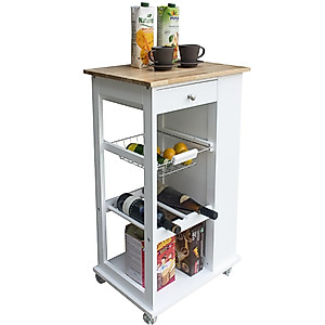 Kitchen Island Cart with Wood Top, Mobile Carts with Storage Shelf, Rolling Kitchen Table with Spice Rack, Service Cart Bar Table with Wine Rack, Small Basket and Drawer, Portable Islands on Wheels