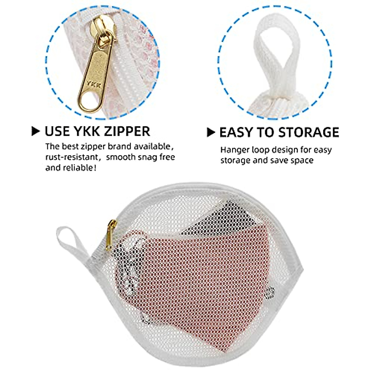 KOOZTI 3 Packs Delicate Laundry Bags for Reusable Socks、Face Masks and Makeup Remover Pads,Fine Mesh Wash Bags,Use YKK Zipper, with Hanger Loop, Portable Laundry Bag (3 Small)