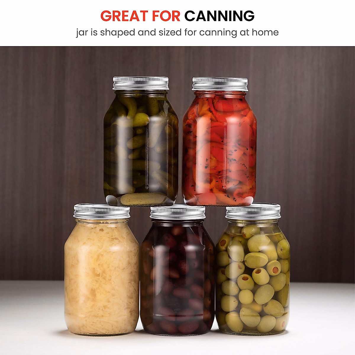 Glass Regular Mouth Mason Jars, Glass Jars with Silver Metal Airtight Lids for Meal Prep, Food Storage, Canning, Drinking, Overnight Oats, Jelly, Dry Food, Spices, Salads, Yogurt (10 Pack) (32 Ounce)