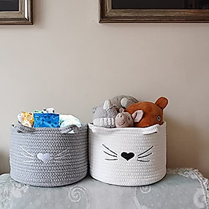 LUSE LIVE Small Woven Basket,Rope Storage Basket with Handle,Cute Cotton Basket for Nursery,Cat Dog Toy Storage Organizer Basket,Storage Bins for Toy Organizer,Grey,10×10×7 inch