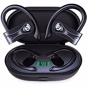 Anypub Wireless Earbuds 4 Mic Clear Call Bluetooth Headphones with Wireless Charging Case 60H Playback Over Ear Earphones Bass Stereo in Ear Buds LED Display Waterproof Earhooks for Sport Running