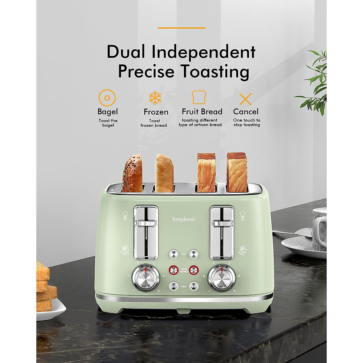 4 Slice Toaster, Extra Wide Slots, Longdeem Retro Stainless Steel Toasters, 6 Browning Options, Lift + Look, Auto Shut Off & Frozen Function, Toast Fruit Bread, Bagel & Waffle, Pastel Green