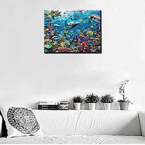 Sea Turtle Diamond Painting DIY 5D, Underwater Fish Numbering Kit, Angelfish Artwork Coral Reef Wall Art Aquarium Crystal Rhinestone Embroidery Picture Home Decor Adults Ocean Gift(12''Wx 16''H)