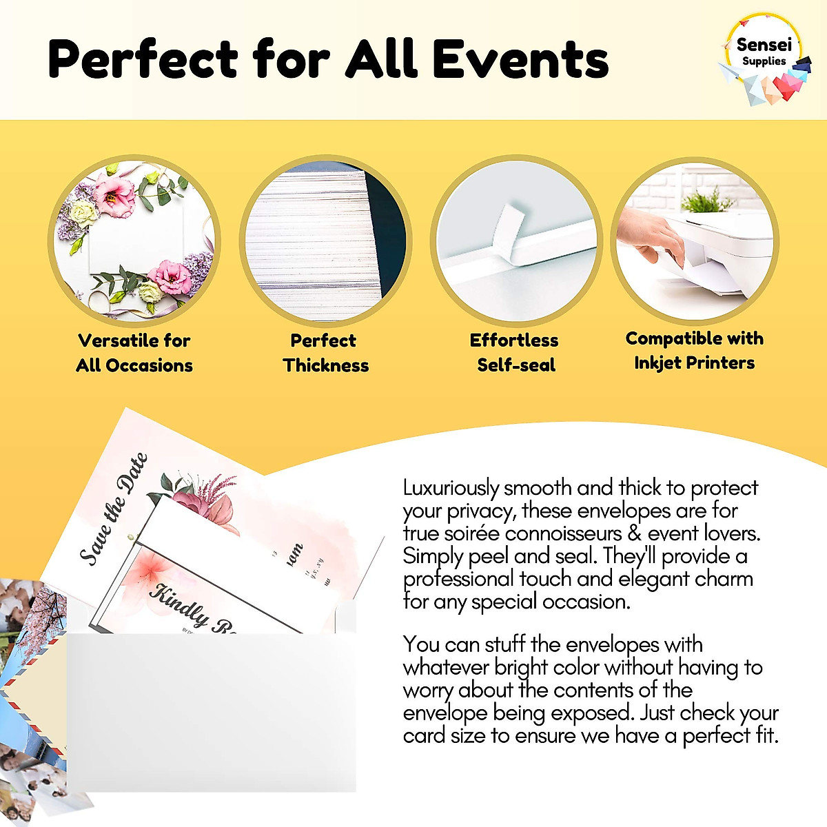 5x7 Envelopes for Invitations - 110 White Envelopes for 5x7 Cards - A7 - (5 ¼ x 7 ¼ inches) - Perfect for Weddings, Graduation, Baby Shower - 120 GSM - Peel, Press & Self Seal - Square Flap