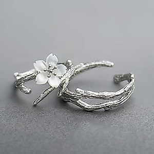 VNORA 925 Silver Couple'S Open Ring, 2Pcs Branch Cherry Blossom Texture Adjustable Ring, Suitable For Daily Wear Jewelry Woman