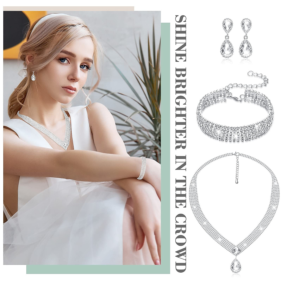 4 Pieces Clutch Purses Bag for Women Evening Rhinestone Jewelry Set Bling Necklace Earrings Bracelets Set for Wedding (Fresh Style)