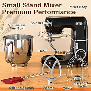 Mini Angel Electric Stand Mixer, 5.5 Quarts, Dough Hook, Flat Beater, Wire Whisk Attachments, 10+P Speeds with Splash Guard, Black with DIY STICKERS