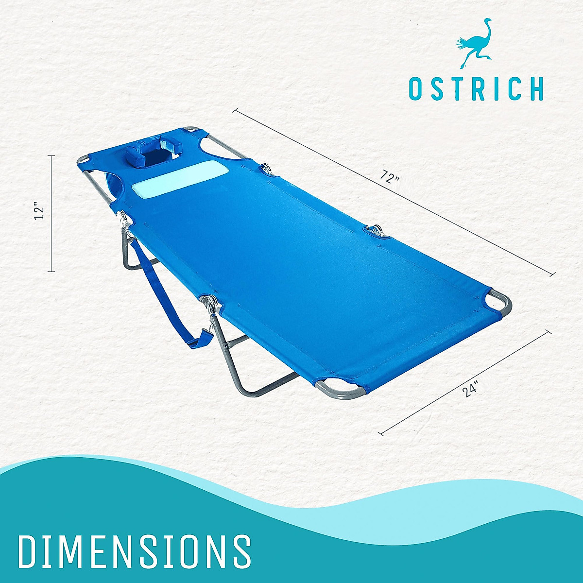 Ostrich Ladies Comfort Lounger Portable Reclining Outdoor Patio Beach Lawn Camping Pool Tanning Chair with Chest Support, Ocean Blue