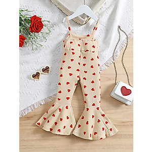 BOUTIKOME Toddler Baby Girl Valentine's Day Outfits Bell Bottom Romper Love Heart Strap Sleeveless One Piece Jumpsuit(Beige,4-5T)
