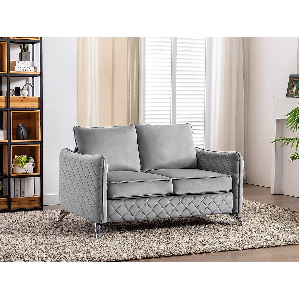 Artechworks Velvet Loveseat Sofa Couch Mid Century Modern, Tufted Upholstery, Reception Love Seats,2-Seat Chair Couch,Office,Home,Bedroom,Livingroom, Apartment, Silver Tone Metal Legs, Grey