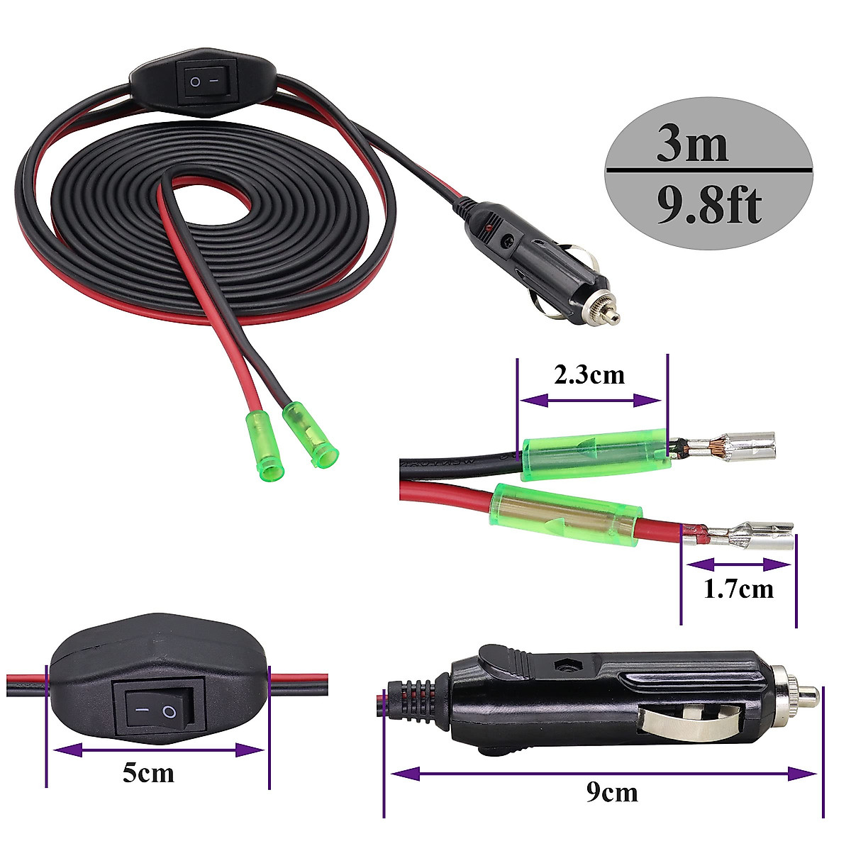 AAOTOKK 12V Male Cigarette Lighter Plug Cable with LED Light,16AWG &10A Fused Replacement Cigarette Lighter Male Plug Adapter to 4mm Interface Leads Plug Extension Cable with Switch(3M/10ft-Leads)