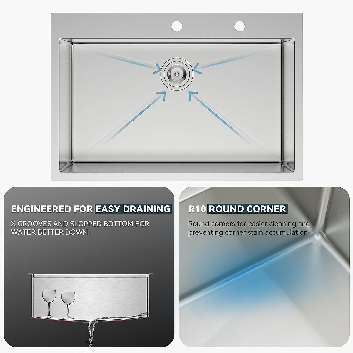 33 Inch Drop In Kitchen Sink - Lordear 33x22 Kitchen Sinks Drop In Stainless Steel Sinks Topmount 16 Gauge T304 Single Bowl Kitchen Sink With 3mm Thickened Plate Round Corners