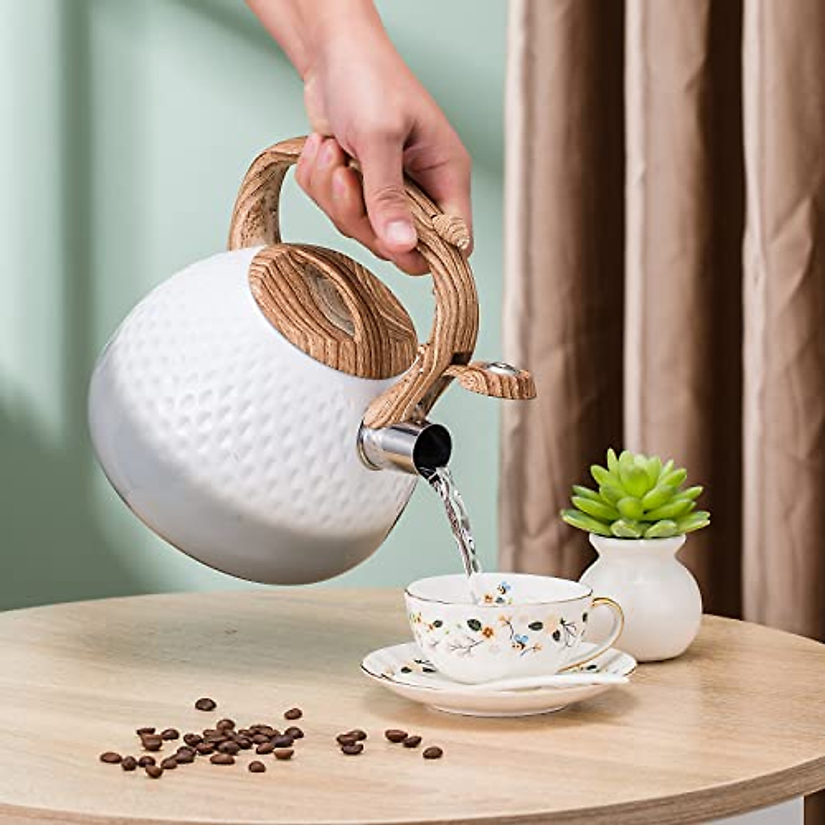 Tea Kettle, Stovetop Teapot, 2.7 Quart, Loud Whistle, Food Grade Stainless Steel and Smooth Wood Pattern Handle, Sophisticated Look for Hiking, Picnic, for Tea, Coffee, Milk (White)