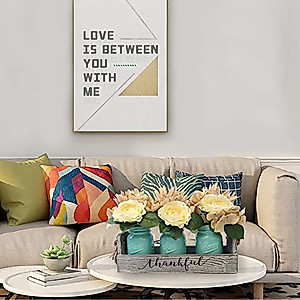 Living Room Table Centerpieces-Besuerte Rustic Decorative Thankful Wood Tray,with Rose Bouquet Flower for Home,Coffee Table Dining Room,Kitchen,New Home Housewarming Gift【3 Blue Jars 】