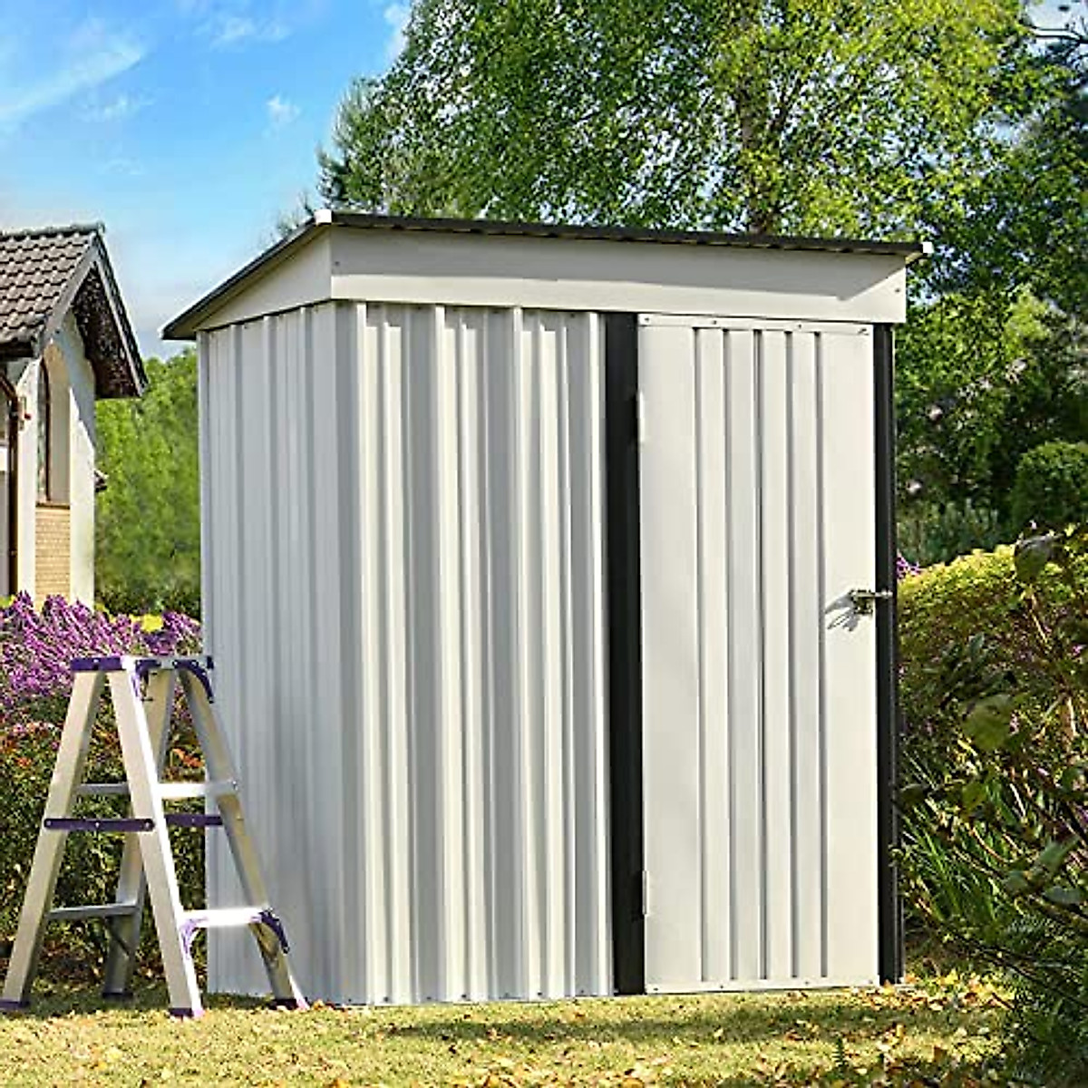Catrimown 5x3 FT Outdoor Storage Shed, Galvanized Steel Tool Shed House for Patio Garden Backyard Lawn, Utility Tool House with Door, White