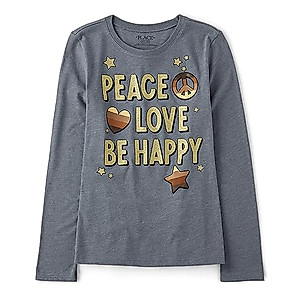 The Children's Place Girls Assorted Everyday Long Sleeve Graphic T-Shirts Peace Love Be Happy Large