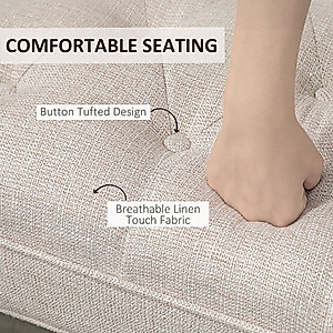 HOMCOM End of Bed Bench with Button Tufted Design, Upholstered Bedroom Entryway Bench with Arms and Solid Wood Legs for Bedroom, Beige