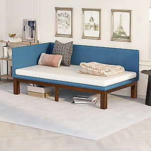 Merax, Blue Upholstered Daybed/Sofa Frame/Wood Floor Linen Cover Mattress/Futon Sleeper Beds, Twin Size