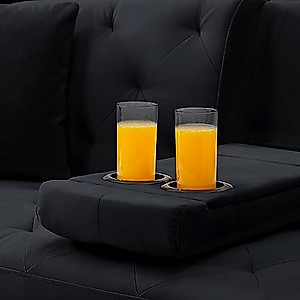 KoiHome Button Tufted Convertible Futon Sofa Bed with 3 Angle Adjustment of backrest, Velvet Sleeper Couch Daybed Loveseat with 2 Cup Holders, 2 Pillows and Square Armrests for Compact Space, Black