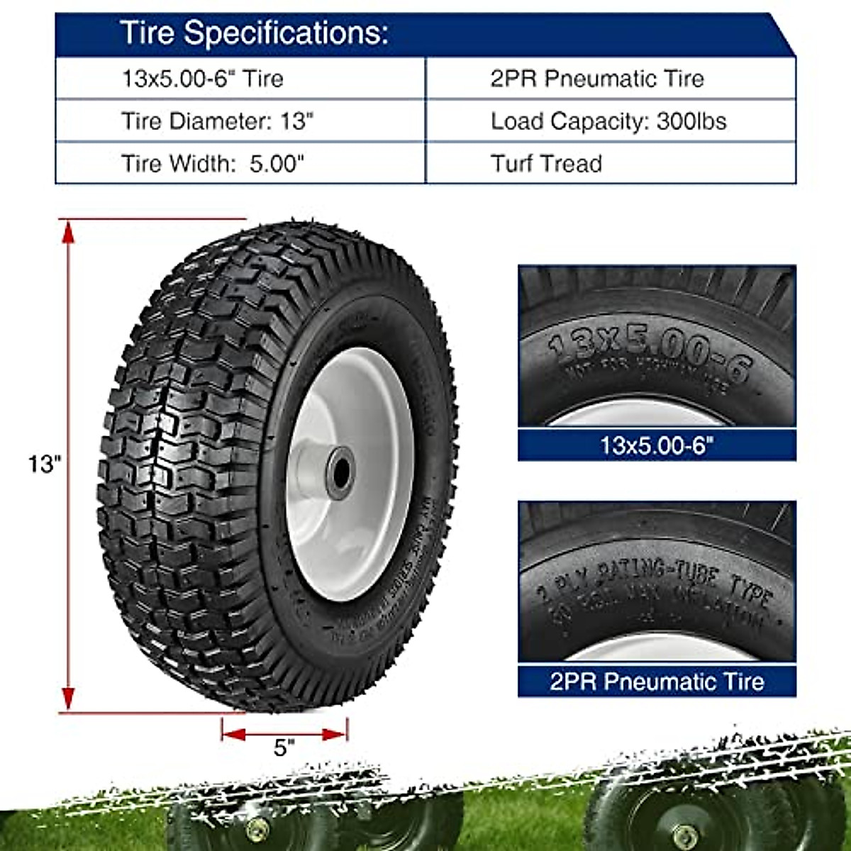MaxAuto 2Pcs 13x5.00-6 Pneumatic (Air Filled) Lawnmower Tire on Wheel, 3" Centered Hub, 3/4" Bushing