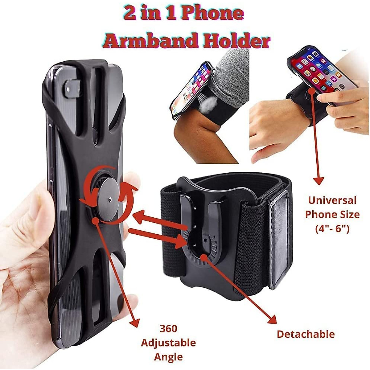 BATTPIT Running Armband for iPhone 12 Pro 11 Pro Max X XR XS 8 7 6 6s Plus, Galaxy S20 S10 S9 Plus, Note 20/10/9/8, 360°Rotatable with Key Holder Phone Armband for Hiking Biking Walking(Black)