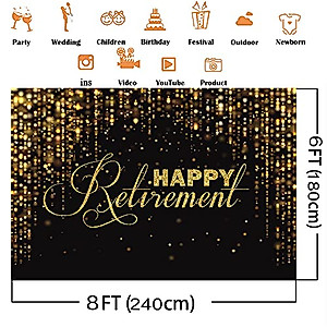 Avezano Happy Retirement Backdrop Black and Gold Glitter Photo Background Retirement Party Decorations Glitter Lights Congrats Retirement Photo Booth Prop (8x6ft)