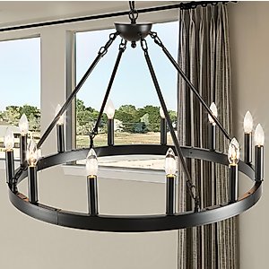ZBMYRBZJ Black Wagon Wheel Chandelier 32 inch,12-Light Farmhouse Wagon Wheel Chandeliers Round Industrial Ceiling Light fixtures for Outdoor Porch high Ceilings Living Dining Room Foyer Entryway
