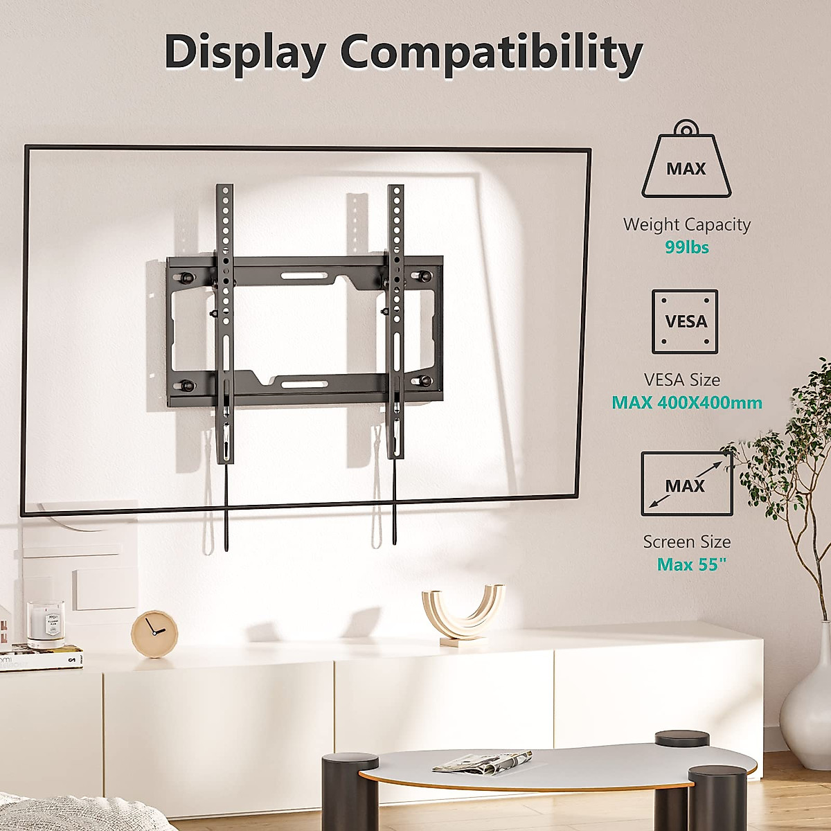 WALI Tilt TV Wall Mount Bracket for Most 26-55 inches LED, LCD, OLED Flat Screen TVs up to 99lbs with Mounting Holes 100x100mm to 400x400mm (TTM-1), Black