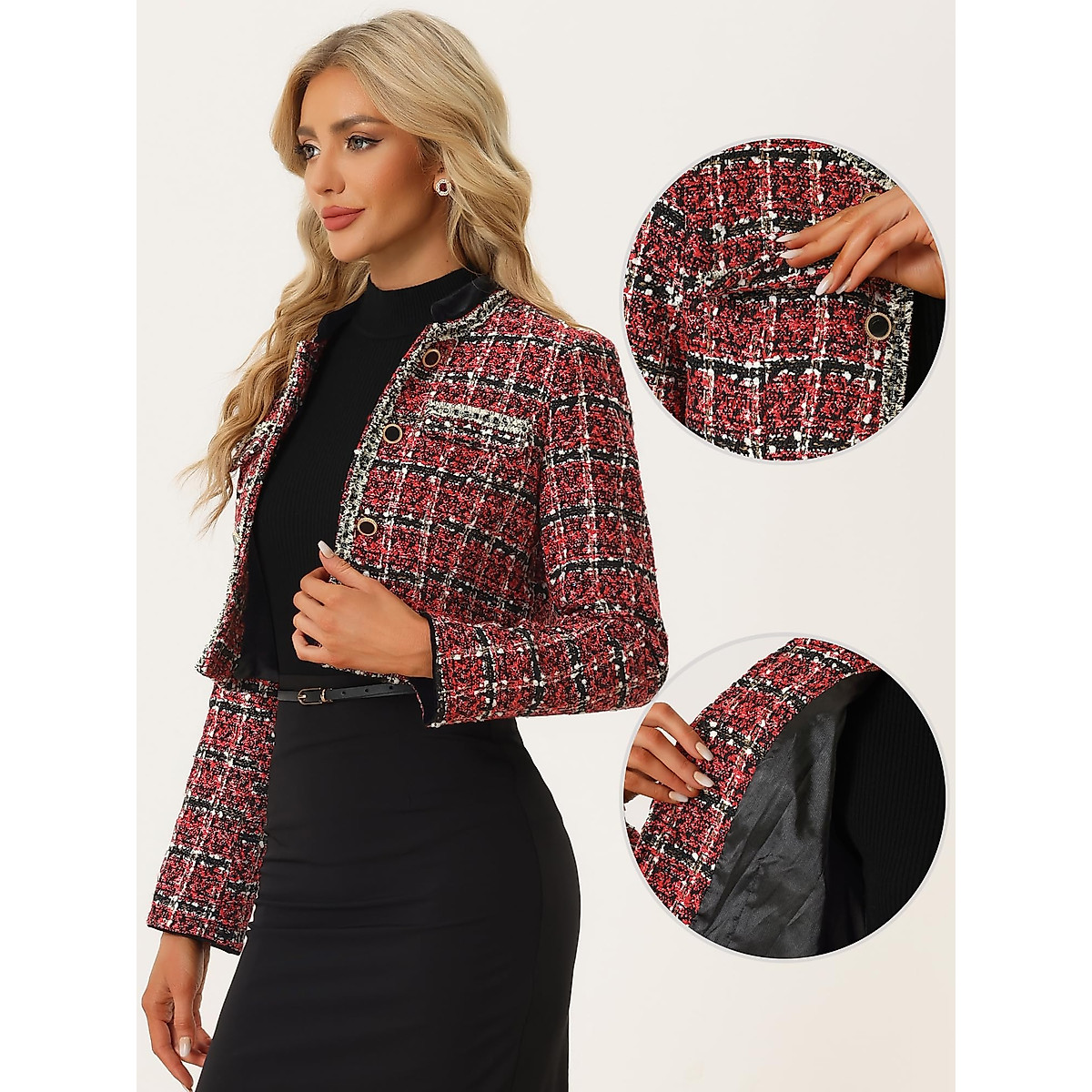 Allegra K Tweed Jacket for Women's Christmas Open Front Office Elegant Crop Blazer Large Red