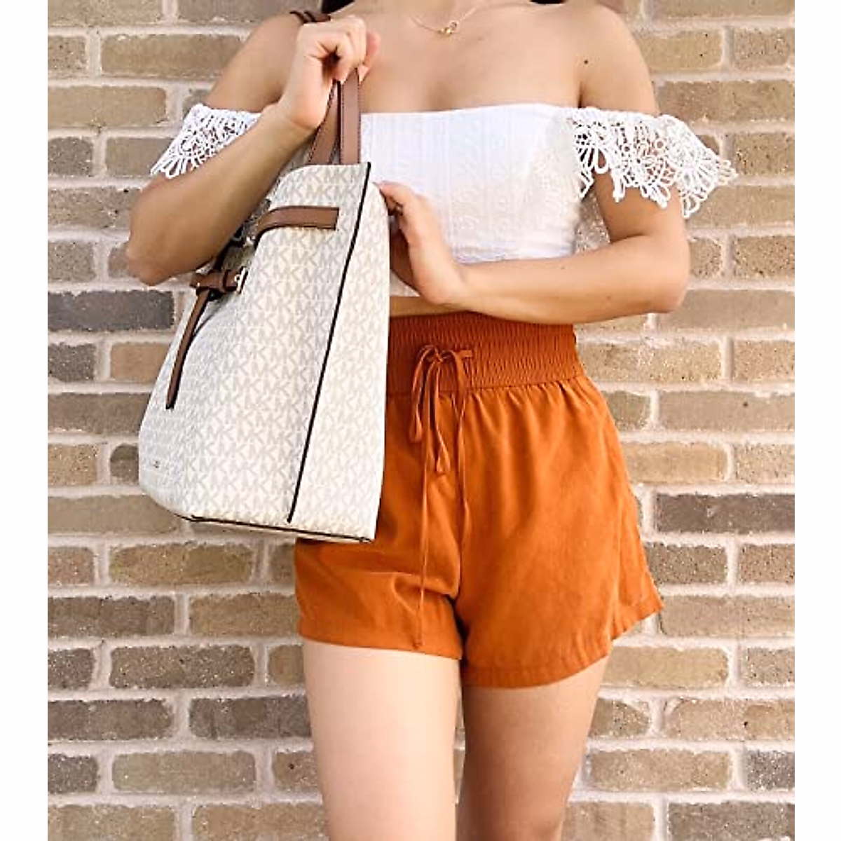 Michael Kors Emilia Large Triple Compartment Shoulder Bag Tote Vanilla MK Logo