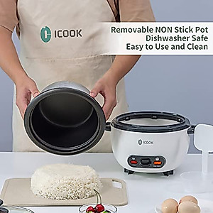 ICOOK 3-Cup Uncooked 6-Cup Cooked Rice Cooker 0.6L Grains,Oatmeal,Cereals Cooker,Rice Warmer Steamer,Small Mini Rice Cooker,Removable Nonstick Pot,Full View Glass Lid,White