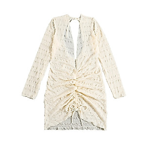 Verdusa Women's Drawstring Deep V Neck Long Sleeve Beach Swimsuit Cover Up Dress Beige XL