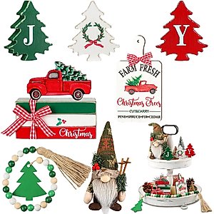 Christmas Tiered Tray Decor Christmas Book Stack Wooden Truck Tree Decor Farm Fresh Christmas Trees Wooden Block Sign Farmhouse Xmas Tree Gnomes Plush Beads Garland Decor Set for Home Table (Joy)