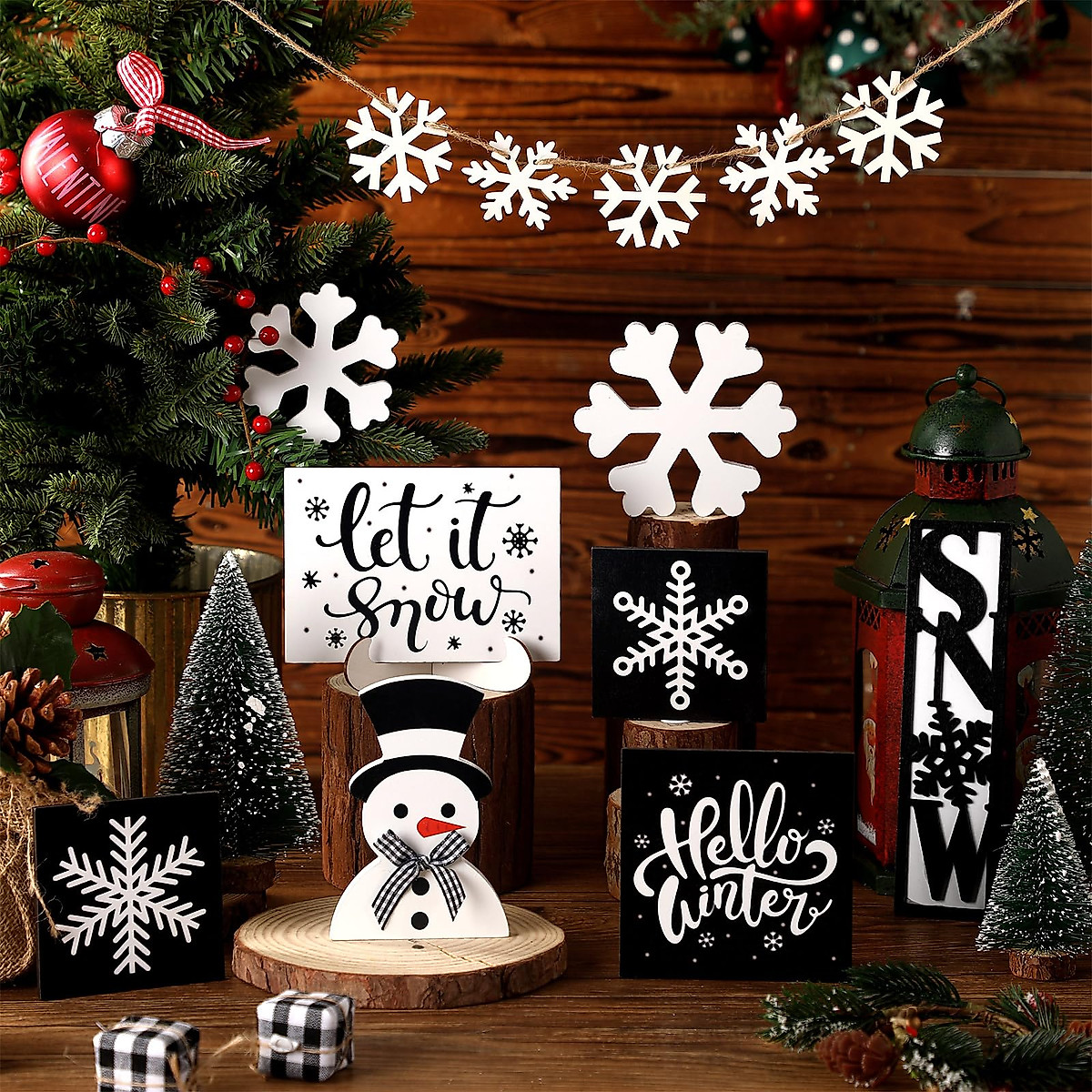 FairySandy 15 Pcs Winter Tiered Tray Decor Set Black and White Snowflake Table Wood Decoration Snowman Wooden Sign Rustic Farmhouse Coffee Bar Signs Winter Tray Decor for Home Xmas Holiday Tabletop
