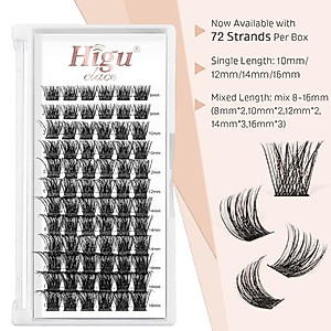 Lash Clusters DIY Eyelash Extensions 72 Pcs D Curl 16mm Cluster Eyelash Extensions Thin Stem Cluster Lashes Individual Lashes Cluster Lashes Wisps Reusable for Self-application (H-02 D Curl 16mm)