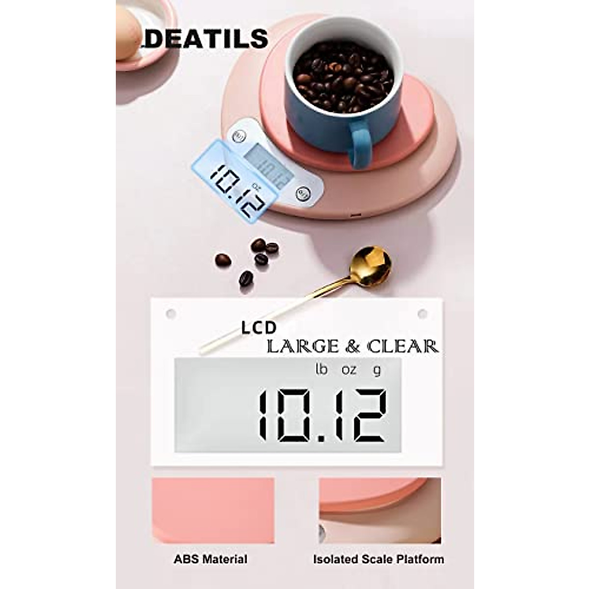 YRY Pink Kitchen Scale - Large LCD Display, Tare Function, 11 lbs(5kg) Capacity, 0.03 oz.(1g) Precise Graduation, ML and Oz Unit for Liquids and Solids - Ideal Food Scale for Baking & Cooking (5kg/1g)