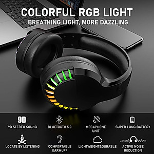 Wireless Bluetooth Headphone with Noise Cancellation HiFi Stereo Sound Mic Deep Bass Protein Earpad Rainbow RGB Backlight Rechageable Over Ear Headset for PC Mac Game Travel Class Home Office(Black)