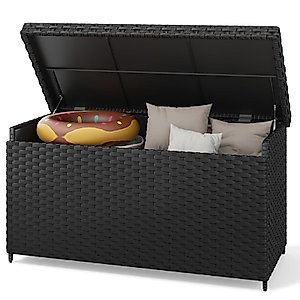 DWVO 170 Gallon Outdoor Storage Box, Weatherproof Wicker Deck Box, XL Outside Storage Container for Patio Furniture, Cushions, Pool Storage and Garden Tools (Black)