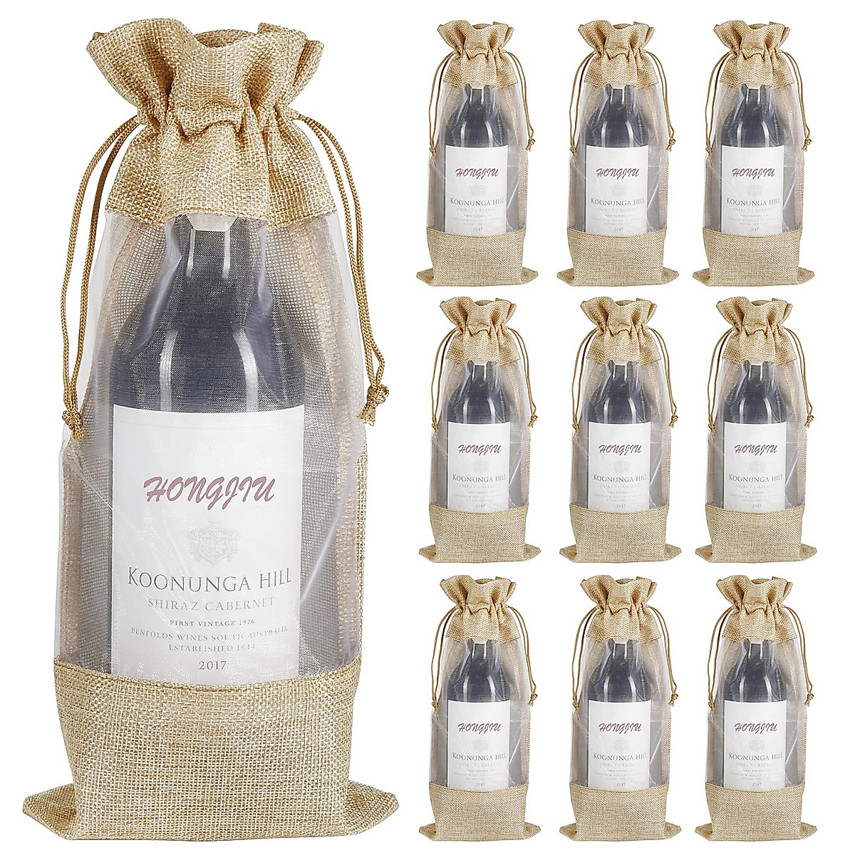 Jute Wine Bags, 10pcs Burlap Wine Bottle Gift Bags 750ml with Sheer Window Organza Hessian Drawstring Gift Bags for Wedding Festival Wine Tasting Party Favors (14 x 6.3 inches)