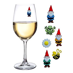 Simply Charmed Gnome Wine Glass Charms - Magnetic Drink Markers with Flower, Bee and Frog - Set of 6 Stemless Glass Identifiers