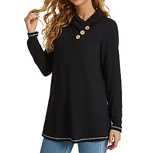 WEIYAN Women's Cowl Neck Tunic Long Sleeve Pullover Shirt Casual Sweatshirt Loose Tops with Buttons(Black,X-Large)