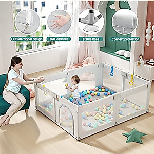 Baby Playpen,Playpens for Baby Anti-Fall Playpen, Large Playpen for Toddlers, Cherrysea Kids Safety Play Center Yard with Gate Sturdy Baby Fence Play Area with 4 Pull Rings and 30Pcs Ocean Ball