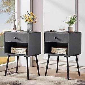 VECELO Nightstands Set of 2 Industrial 2-Tier Night Stand/Side Table with Drawer, Wood Mid Century End Tables for Small Places, Bedrooms, Living Room, Home, Farmhouse,Gray
