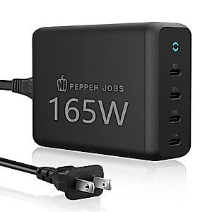PEPPER JOBS 165W USB-C 4-Port PD GaN Charger USB-C PD Desktop Charger for MacBook Air Charger for MacBook Pro 13/14/15/16 Inch for iPad Pro for iPhone 13 Pro Max/13 Pro/13/13 Mini and All USB C Device
