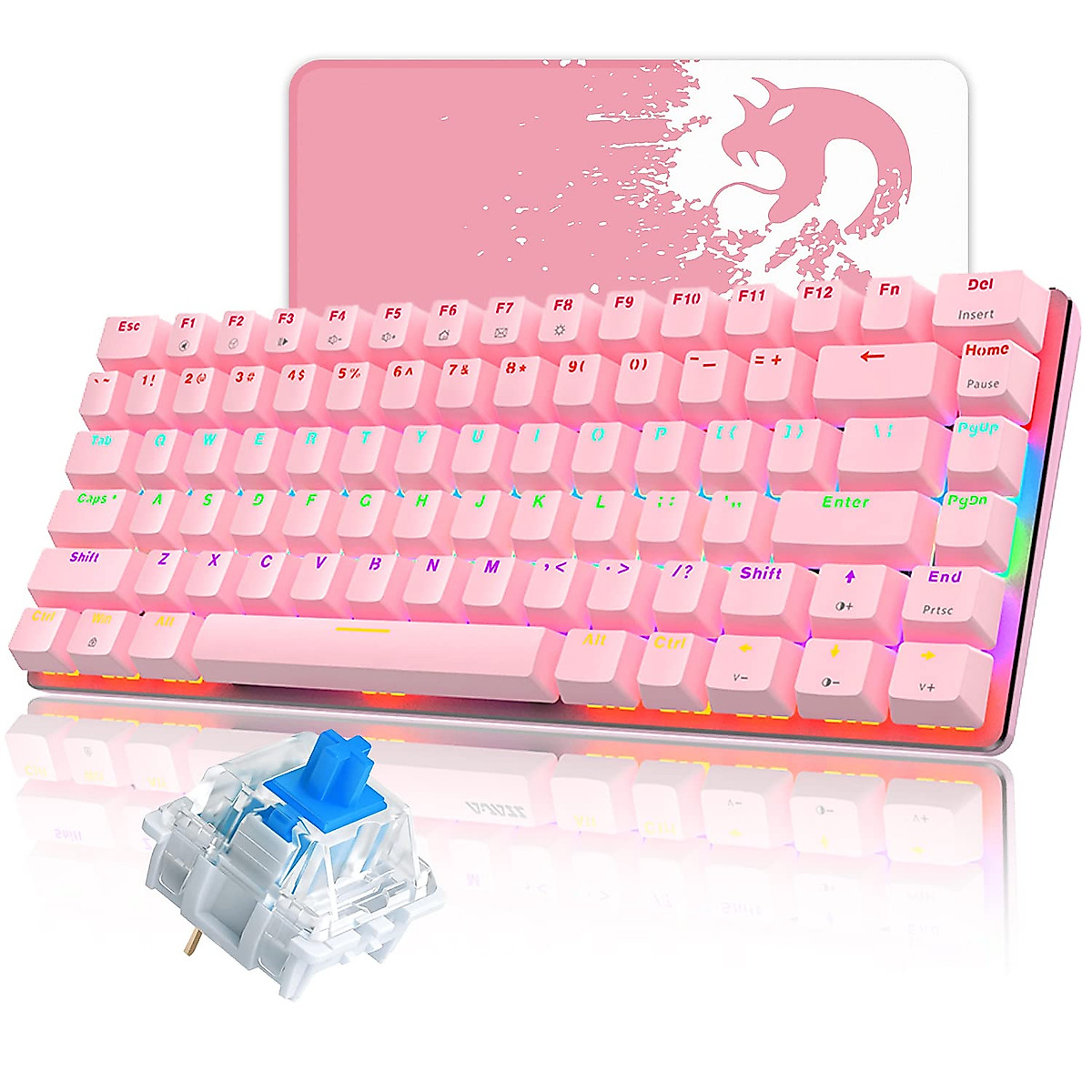 FELICON Wired Mechanical Gaming Keyboard, 82 Keys Compact Rainbow Blacklight Keyboard with Blue Switch, Small and Portable Compatible with Windows PC Laptop Mac Game Office