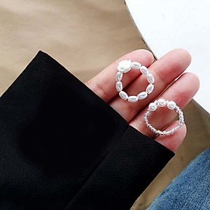 LARVOVUE 2 pcs White Pearl Flower Adjustable Rings for Women and Handmade Stacking Stackable Beaded Rings