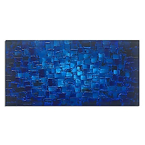 Gongyuanyihao Arts Modern Textured Abstract Squares Canvas Wall Art Hand Painted Artwork Dark Blue Oil Painting Picture for Home Decoration Framed Ready to Hang 48x24inch