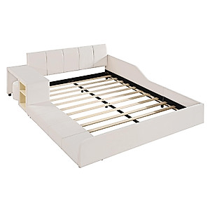 Full Size Multi-Functional Design Upholstered Grounded Bed, Velvet Upholstered Platform Bed, Mother & Child Bed with Bedside Desk and Little Round Stool for Kids Boys Girls (Beige-119)