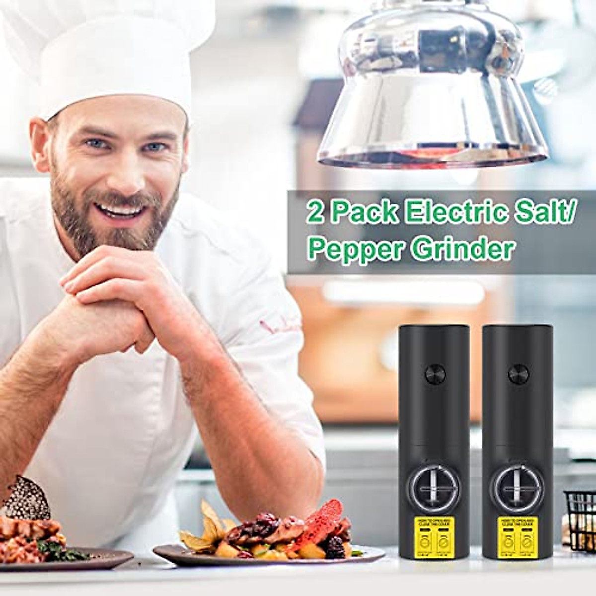 2 Pack-Electric Salt and Pepper Grinder Set, Coldairsoap Automatic Salt Pepper Mill Grinder with LED Light, Adjustable Coarseness, One-Hand Operation for Kitchen BBQ, Battery Operated Salt Grinder